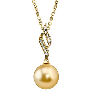 The Pearl Source 14K Gold 10-11mm Round Golden South Sea Cultured Pearl & Diamond Suzanna Pendant Necklace for Women