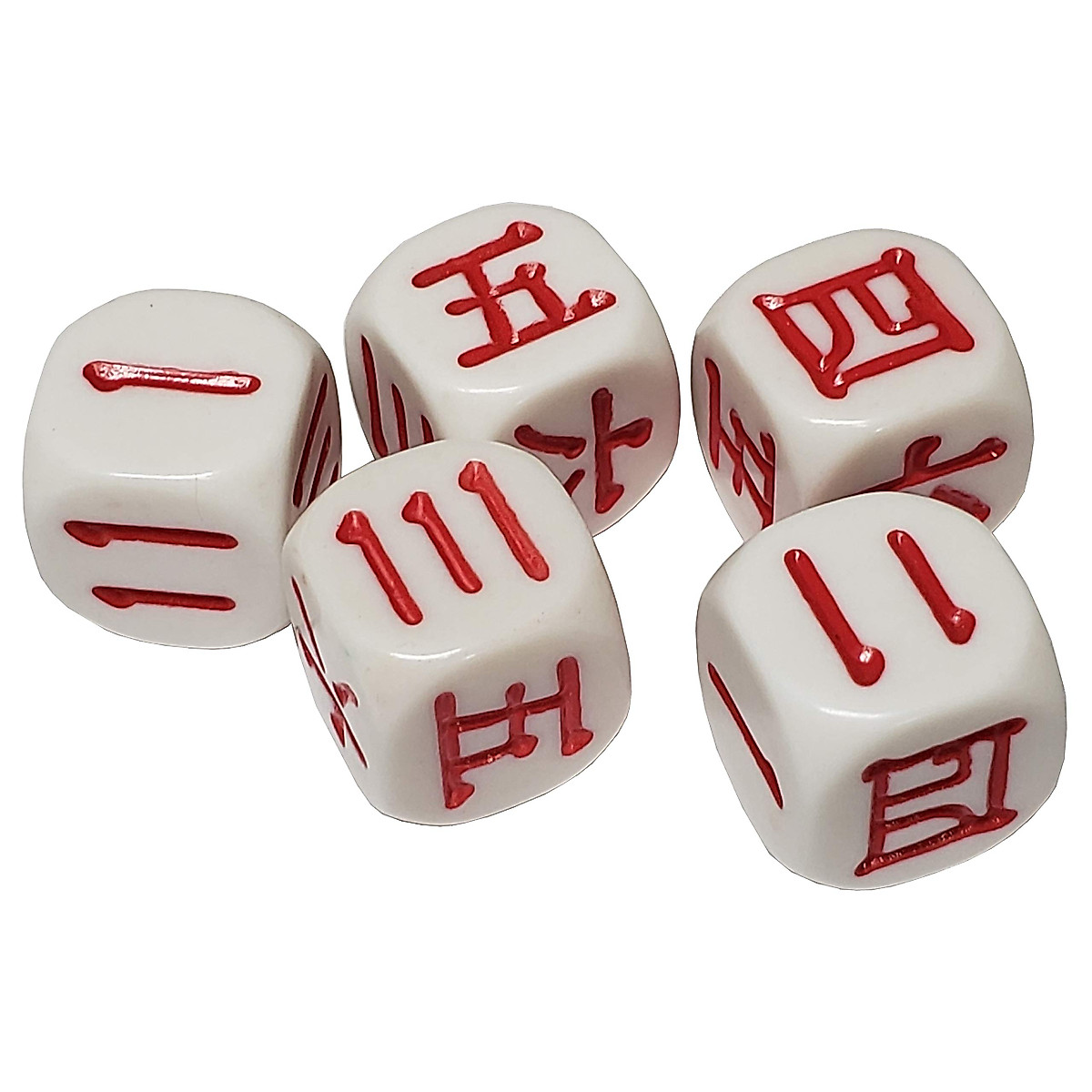 Set of (5) 16mm Rounded Corners Chinese Japanese Dice with Black Velvet Storage Pouch