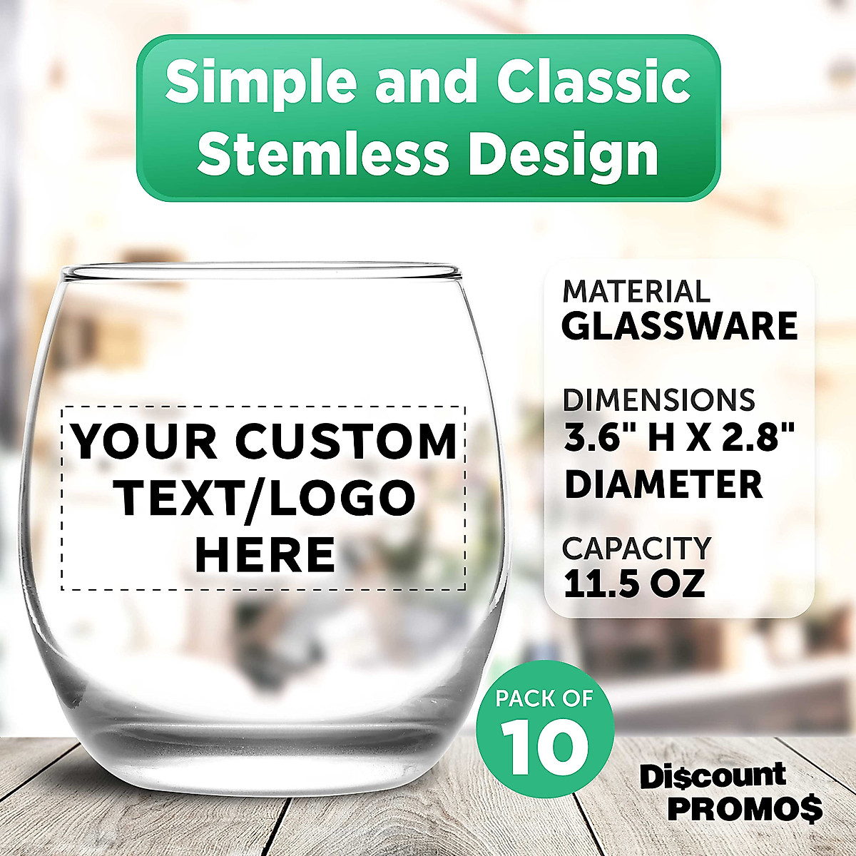 Custom Mikonos Stemless Wine Glasses 11.5 oz. Set of 10, Personalized Bulk Pack - Restaurant Glassware, Perfect for Red Wine, White Wine, Cocktails - Clear
