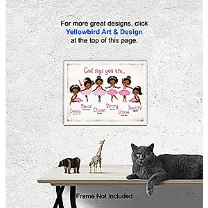 Black Afro African American Girl Wall Art - God Says You Are Christian Bible Verses - Religious Room Decor - Toddler, Little Girls Bedroom Decor - Pink Ballerina Baby Room Decorations - Daughter Gifts