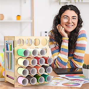 Yumkfoi 2 Pack Wooden Vinyl Roll Holder, 40 Holes Stackable Vinyl Roll Storage Rack with Weeding Tools Storage Bag, Sturdy Wood Vinyl Storage Organizer for Craft Paper Roll Holder Craft Room