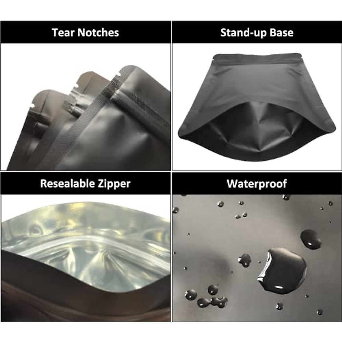 100 Pack Matte Black Mylar Stand Up Bags - 5.5x7.8 Inches Smell Proof Resealable Bags, Sealable Foil Packaging Bags