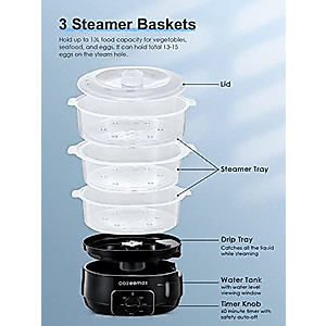 Cozeemax 13.7QT Electric Food Steamer for Cooking, 3 Tier Vegetable Steamer for Fast Simultaneous Cooking, 60 Minute Timer, BPA Free Baskets, 800W (Black)