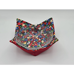 Red White Blue Roses Microwave Cozy Ditzy Floral Reversible Microwaveable Soup Holder Summer Potholder Flower Bowl Buddy Handmade Housewarming Hostess Gifts Under 10