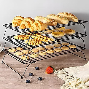 VNIMTI 3-Tier Collapsible Cooling Rack Non-Stick Stackable Baking Rack Wire Cooking Rack Oven Rack Cookie Rack for Cooking, Baking, Cooling, Roasting and Grilling, Adjustable & Foldable