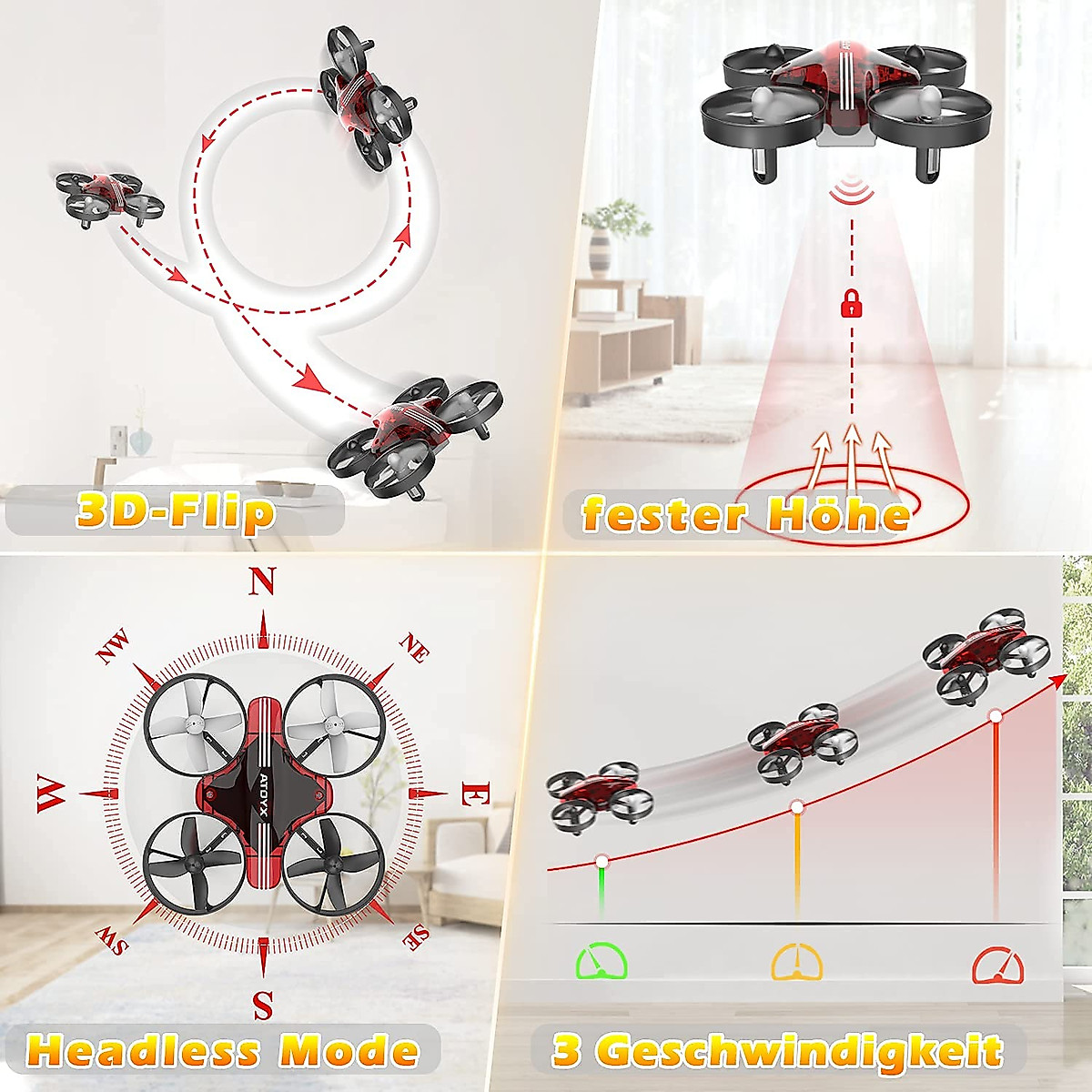 ATOYX Mini Drone for Kids & Beginners, Indoor Portable Hand Operated/RC Nano Helicopter Quadcopter with Auto Hovering, Headless Mode & Remote Control, Children's Day Gift for Boys and Girls -Red