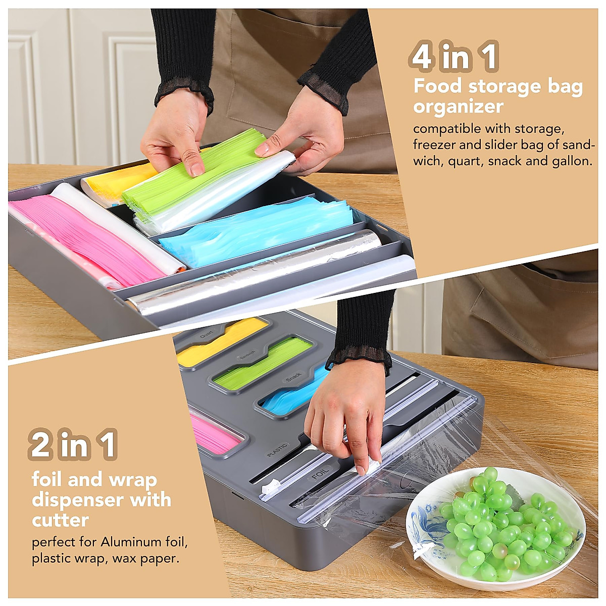 CiWiVOKi Storage Bag Organizer for Kitchen Drawer, Foil and plastic Wrap Organizer with Cutter, Plastic Kitchen Organizers and Storage for Sandwich Gallon Quart Snack Bags, 12" Aluminum Foil, Grey