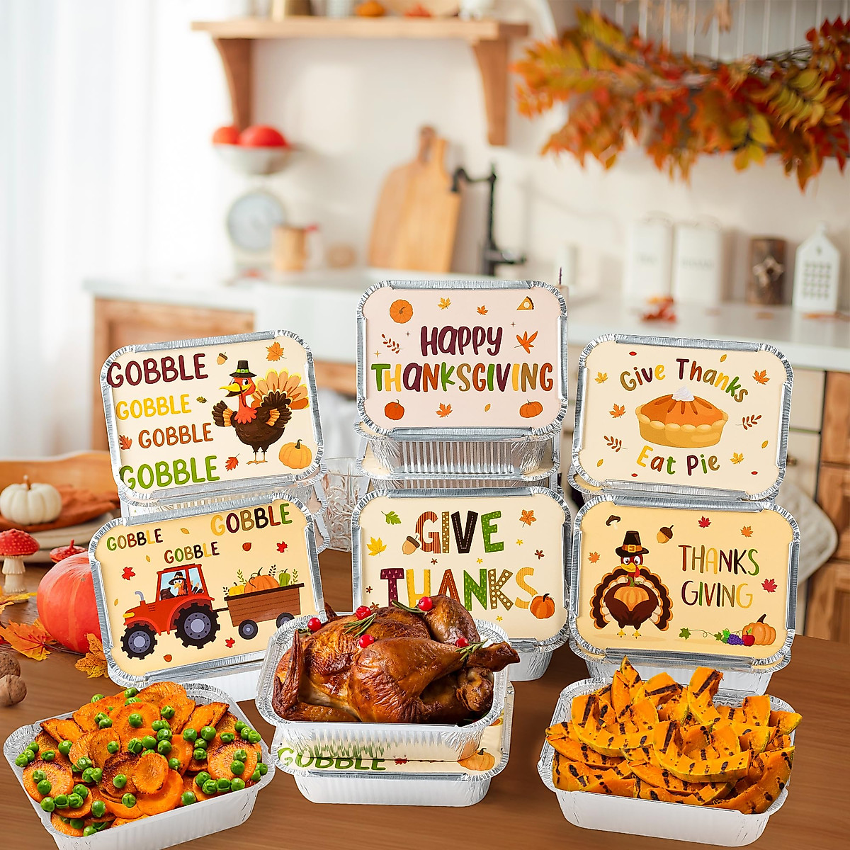 MALLMALL6 40Pcs Thanksgiving Tin Foil Containers with Lids for Goody Party Leftovers & Treat Exchange, Pumpkin Turkey Patterns Cardboard Covers Aluminum Disposable Food Storage Pan 7.4" X 5.4" X 2"