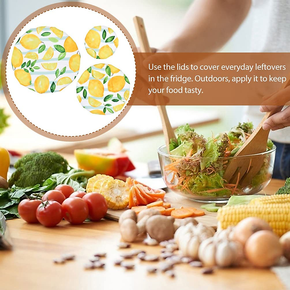 Cabilock Reusable Bowl Covers Set of 3 Lids Sizes Elastic Bowl Cover Universal Food Bowl Cloth Lid Food Storage Covers Reusable Lids for Food, Fruits, Leftover (Yellow)