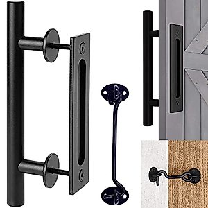 Barn Door Handles Black 12 inch - Sliding Barn Door Handle with Lock Barndoor Hardware Set, Bard Flat Back Plate - Barnwood kit, Inset Knobs Closet Finger Flush Pulls Barnyard Barb Latch Closure Pull