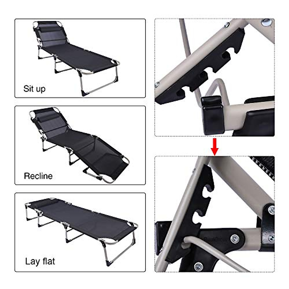 REDCAMP Oversized Fold Up Camping Cots for Adults Most Comfortable, Adjustable 4 Position Reclining Outdoor Lounge Chairs for Outside Patio Indoor Sleeping, Black