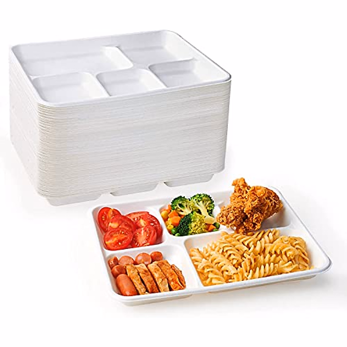 Leafarms 100% Compostable 10x8 / 5 Cp Tray [125-Pack], Heavy Duty Eco-Friendly Dinner Plates Disposable I Biodegradable Unbleached Sugarcane Eco Trays - (Color - White)