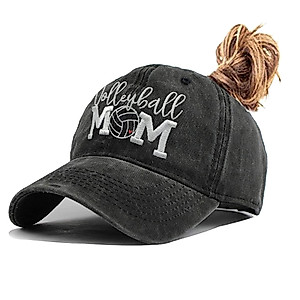 LOKIDVE Embroidered Volleyball Mom Ponytail Hat Distressed Cotton Baseball Cap for Women