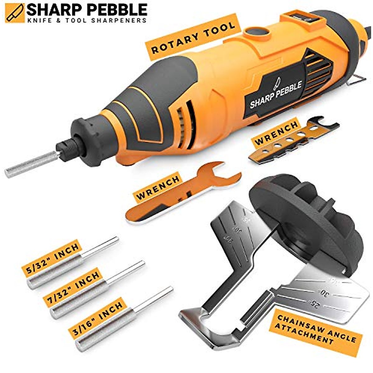 Sharp Pebble Electric Chainsaw Sharpener Kit - Comes with Chain Saw Sharpener Tool, 4 File Size Diamond Sharpening Wheels, Angle Attachment, Wrench & eBook.