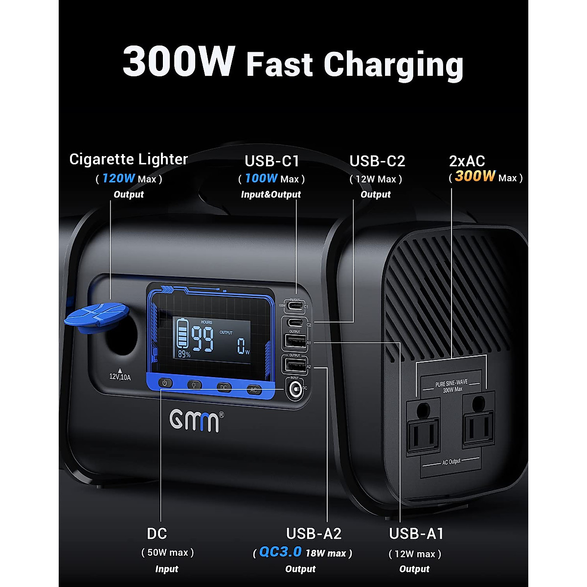 Portable Power Station 300W Outdoor Generator 296Wh Backup Lithium Battery Portable Generator with 100W USB C PD Output&Input, 2AC Outlet, 2 USB A& USB C, LED Flashlight for Outdoors Camping Travel