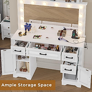 BTHFST Large Vanity Desk with Oversized Mirror & Hollywood Lights, Makeup Vanity with Charging Station, Modern Makeup Desk with 4 Drawers & 2 Storage Cabinets, White