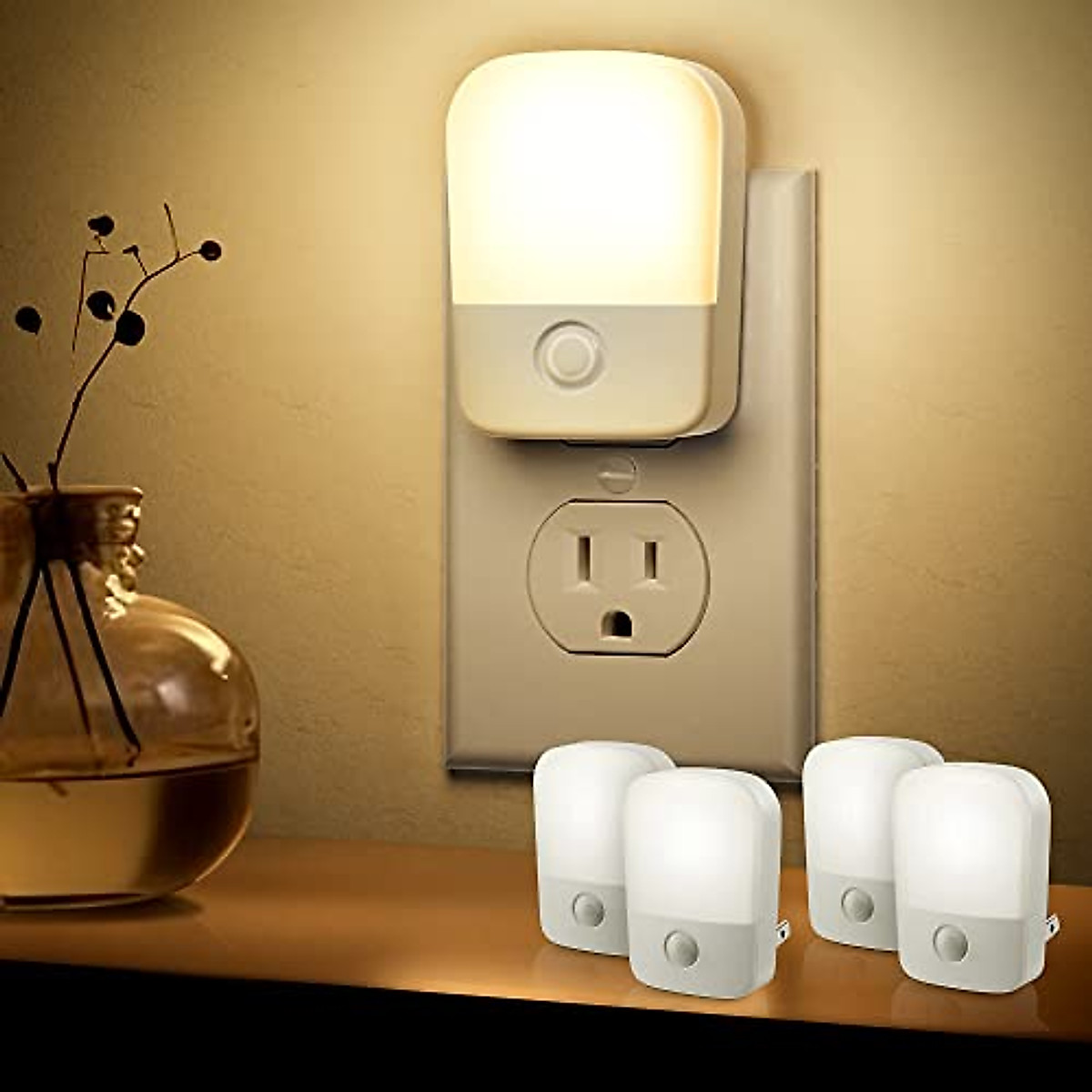 Night Lights Plug into Wall, LED Night Light with Light Sensor, Adjustable Brightness 30/60LM Dimmable Night Light, 3000K Warm White Night Light for Kids, Nursery, Pet, Bedroom Hallway Kitchen, 4 Pack