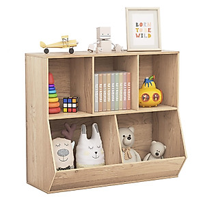 CLEEMAN Kids Bookshelf and Toy Organization,5 Cubby Open Wooden Playroom Organization and Storage, Toddler Bookshelf for Kid’s Room Bedroom Nursery