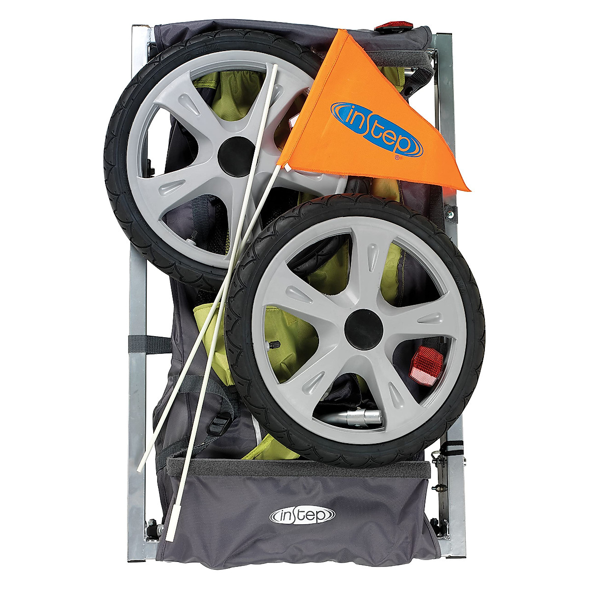Instep Sync Single Seat Bike Child Trailer, Max Weight 40 lbs., 5-Point Harness, Folding Frame, Quick Release Wheels, Easy Storage, Bug Screen & Weather Shield, Green/Grey