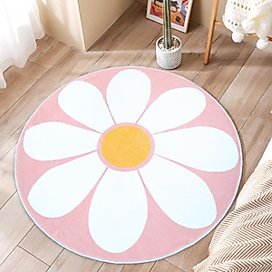 Sunflower Circle Carpet,Super Soft Cute Round Rugs,47" Pink Children Area Rugs,Furry Carpet for Teen's Room,Kawaii Carpet,Room Decor for Baby,Girls Bedroom Decor Rugs, FIPPLEY06088