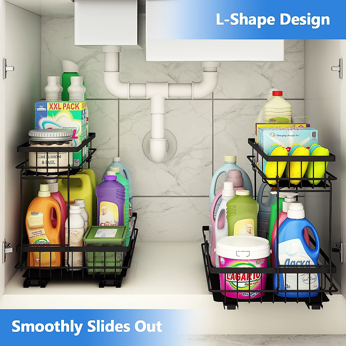 REALINN Under Sink Organizers and Storage, Silent Glide Pull Out Cabinet Organizer, 2 Tier Sliding Organizer for Kitchen Bathroom Laundry