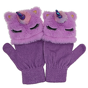 Kids Girls Cute Glitter Unicorn Beanie Winter Hat and Glove Set Knitted Earflap Cap Flip Top Mitten Set Purple