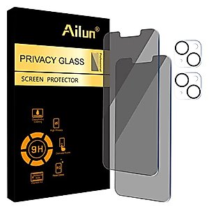 Ailun 2 Pack Privacy Screen Protector for iPhone 14[6.1 inch] + 2 Pack Camera Lens Protector, Anti Spy Private Tempered Glass Film, Case Friendly, [9H Hardness] - HD [Black] [4 Pack]