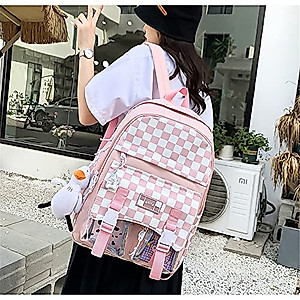 Checkered Kawaii Backpack 5Pcs Set Cute Aesthetic School Bags Combo Set for Girls Preppy Backpacks for School, School Bag Sets with Pencil Box Lunch Box Bag (Pink, One Size)