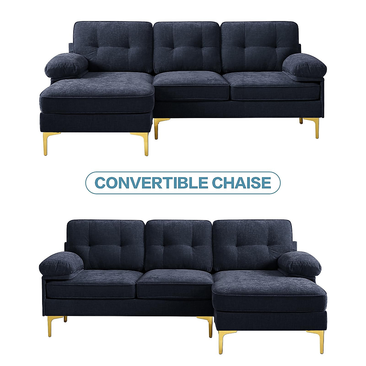 EASELAND 82" L-Shape Sofa with Reversible Chaise Lounge, Convertible Sectional Sofa Couch, Chenille Modern Sofa Couch for Living Room, Apartment and Office, Removable Cover (Dark Blue)