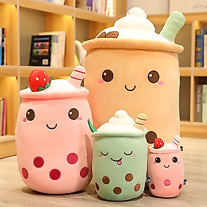 VICKYPOP Boba Plush Toy Cute Stuffed Bubble Tea Food Shaped Throw Pillow Cushion Cartoon Fruit Milk Tea Gift for Kids (Pink Open, 9.4 inches)