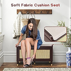 Anbuy Shoe Storage Bench for Entryway with Rattan Door, Rattan Shoe Rack Bench entryway Bench, Shoe Cabinet with Soft Cushion, Holds 300 lb, 31.5 x 13.78 x 19.1 inches (Red Brown)