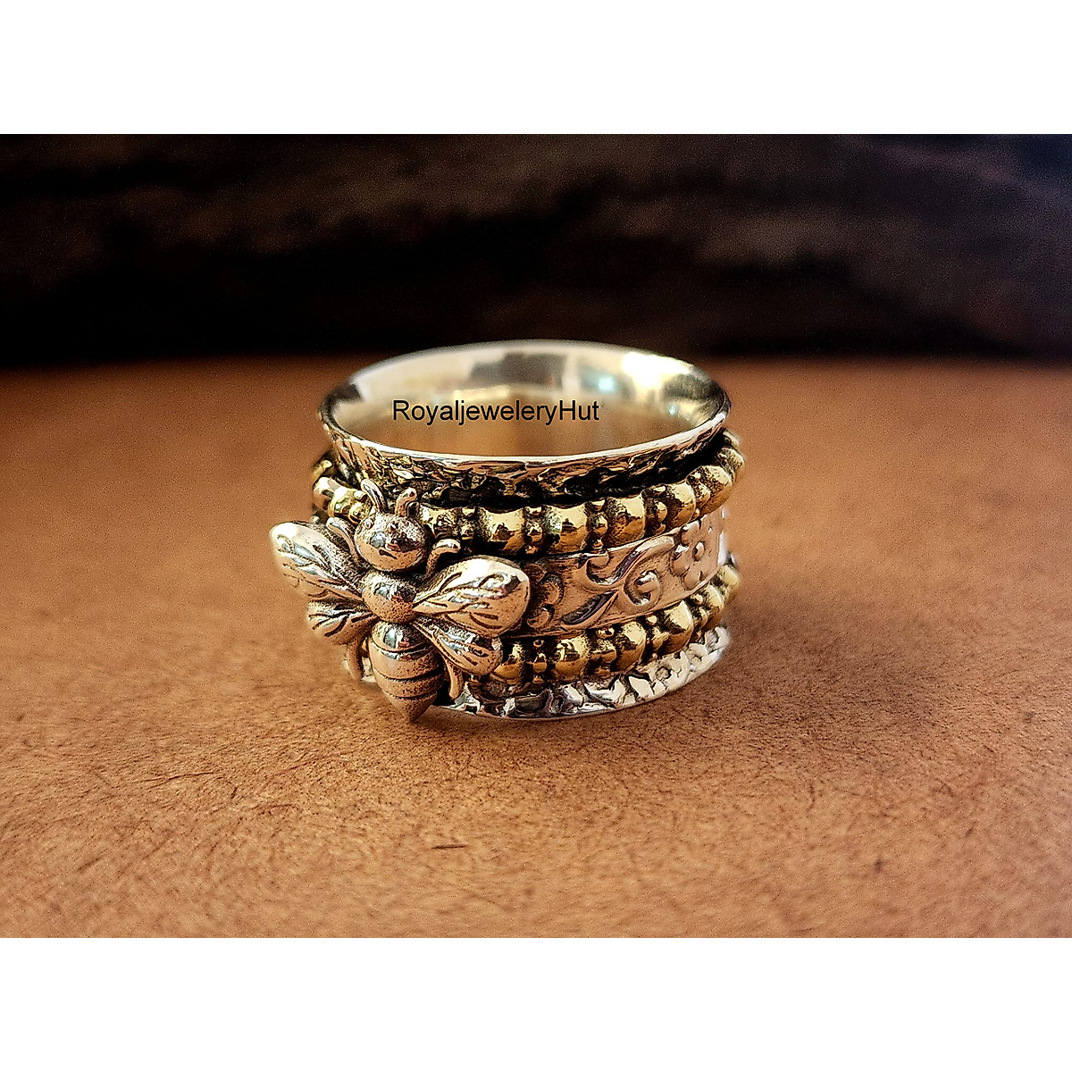 Silver Honey Bee Spinner Ring, 925 Solid Sterling Silver Ring, Three Band Fidget Ring, Anxiety Relief Ring, Boho Spin Ring, Women Ring, Men Ring (9.5)