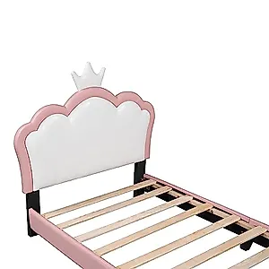 QVUUOU Pink Cute Upholstered Platform Bed Fun Bed Cartoon Elements Princess Bed with Crown Shaped Headboard, Wooden Twin Size Bed Frame Cute Bed Upholstered Bed for Kids Bedroom Furniture
