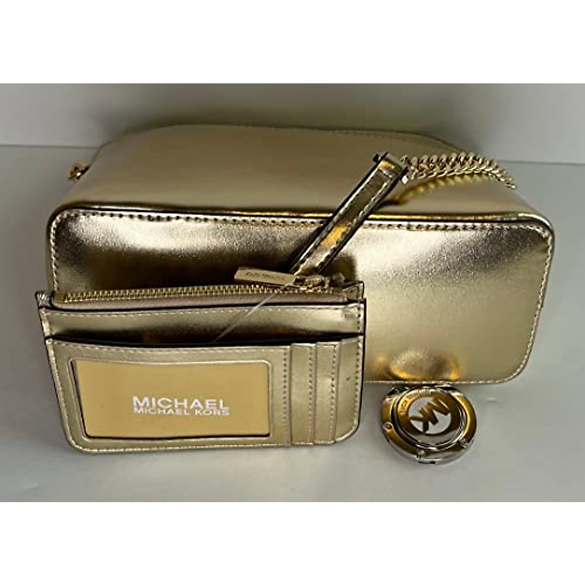 Michael Kors MICHAEL Michael Kors Jet Set Travel MD Dome XCross Crossbody bundled with SM TZ Coinpouch Purse Hook (Pale Gold/Signature Pale Gold)