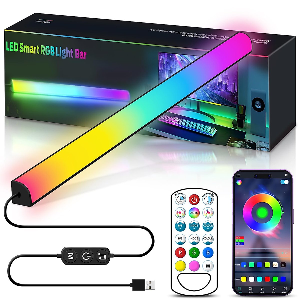 KANTUTOE Monitor Down Light Bar, RGB Screen Desk Light PC, Dimmable LED Dynamic Rainbow Effect, Adjustable Brightness, Speed and Music, Remote Control Color Change, for Game Room