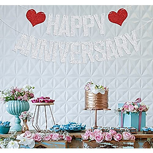 Happy Anniversary Banner, Silver Glitter Anniversary Sign, Wedding Anniversary Party Decorations Supplies Man Woman