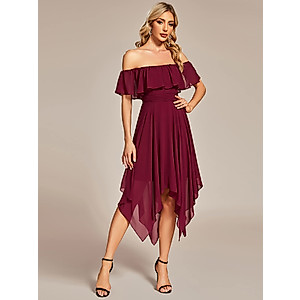 Ever-Pretty Women's Elegant Off The Shoulder Asymmetric Hem Chiffon Midi Spring Dresses for Women Burgundy US12