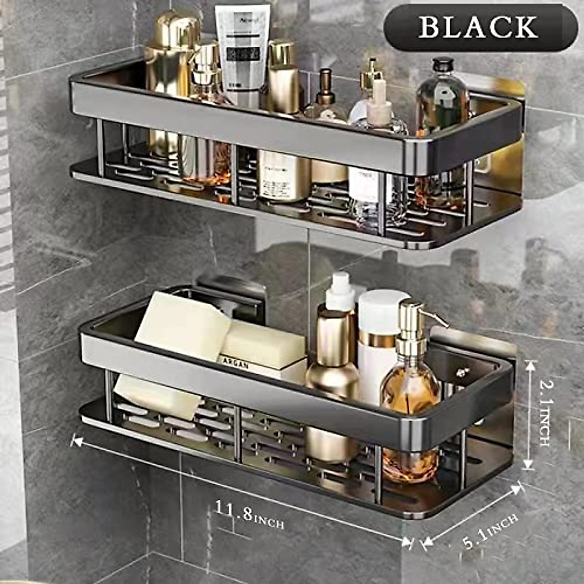 Shower Caddy, Stainless Steel Bathroom Organizer, Black Shower Shelf with 2 Hooks, No Drilling Shower Organizer for Bathroom Storage (Black-4 Pack)