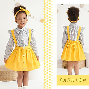 YOUNGER TREE Toddler Girl Outfits 1-4 T Long Sleeve Shirt Overall Skirt Headband Set School Uniform Dress (Polka Dot Blouse + Yellow Suspender Skirt Headband 3PC Set, 4T)