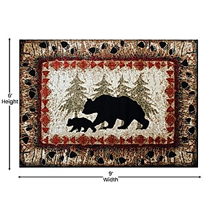 EMMA + OLIVER Ursa 6'x9' Rustic Cabin or Lodge Theme Rug with Bear and Cub Design with Trees in Background and Bear Track Patterned Edges