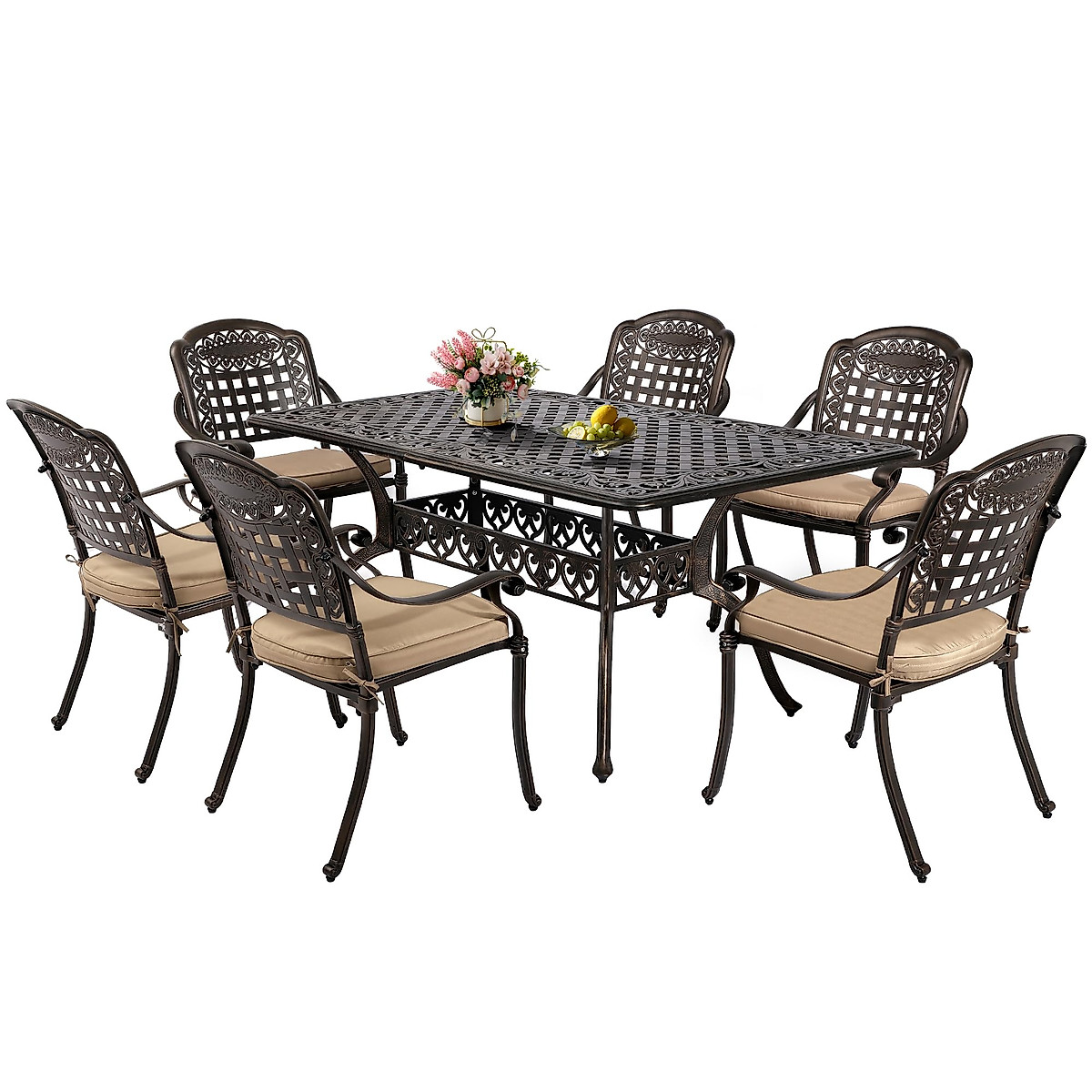 TITIMO 7 Piece Cast Aluminum Patio Dining Set, Outdoor Dining Furniture Patio Table and Chairs Set with 6 Outdoor Stackable Chairs & 1 Rectangle Dining Table for Backyard Garden Deck