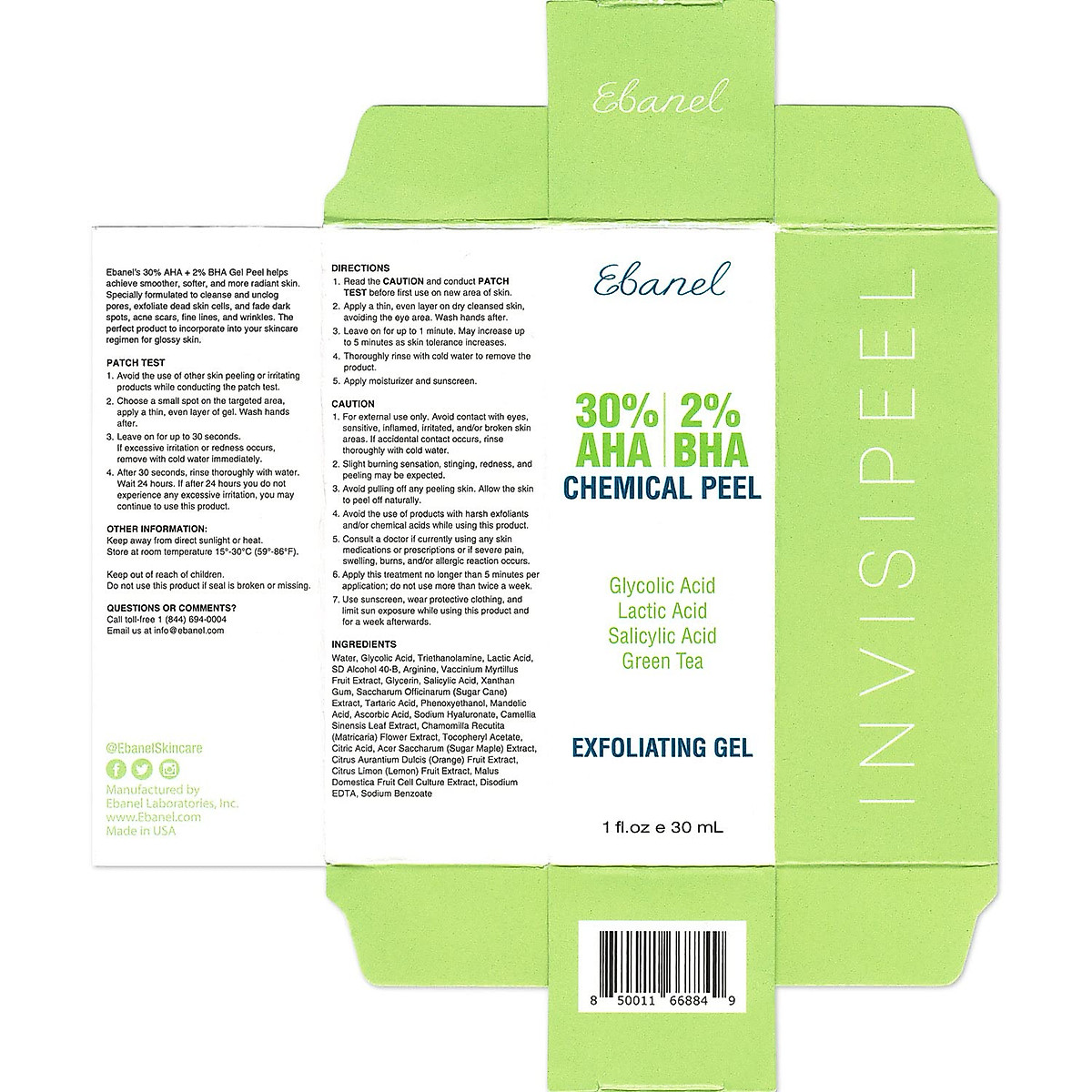 Ebanel 30% AHA 2% BHA Chemical Peel Exfoliant Gel, Face Peel with Glycolic Acid, Salicylic Acid, Lactic Acid, Green Tea, Chamomile for Acne Scars, Dark Spots, Wrinkles, Fine Lines