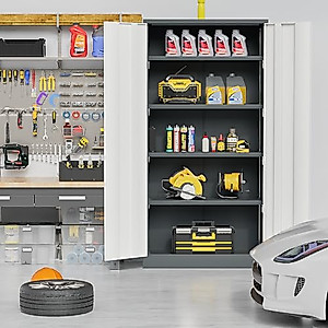 Shahoo Metal Storage Cabinet with Lockable Door and Shelves for File, Tool, Medium Size for Garage, White and Gray