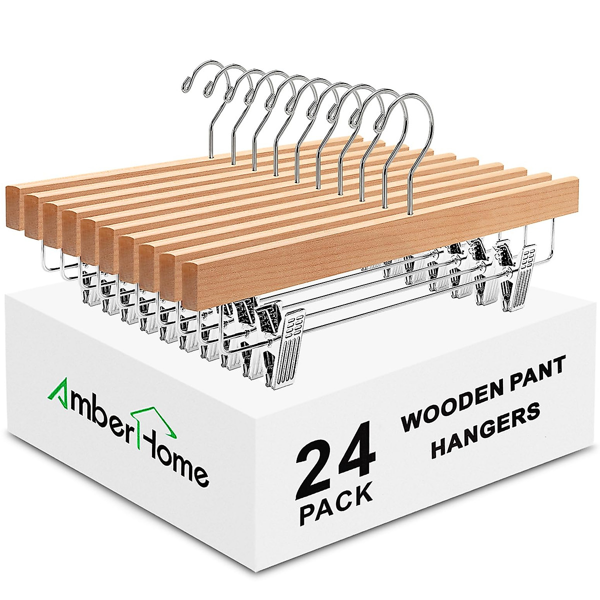 Amber Home 24 Pack Natural Wooden Pants Hangers with Clips, Wood Skirt Hangers Trouser Hangers for Jeans, Slacks, Shorts with 2-Adjustable Clips (Natural, 24 Pack)