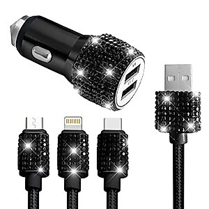 Bling Dual USB Car Charger with 3-in-1 Multi Fast Charging Cable, Dual Port Charger Adapter with Type C Micro USB Cord for iPhone, Android, Rhinestones Car Interior Accessories for Women(Black)