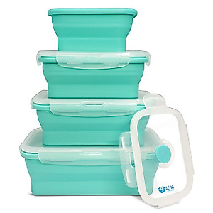 Collapsible Silicone Food Storage Container Set of 4 with Lids | Stackable - Space Saving | Microwaveable | Freezer, Dishwasher Safe| BPA Free|Collapsible Leftover or Meal Prep Lunch Box Containers