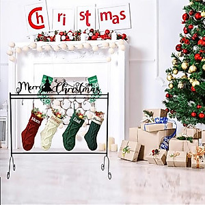 Profully 6 Hooks Christmas Stocking Holder Stand, Black Metal Christmas Stocking Hanger Stand for Floor with Detachable Christmas Decorations