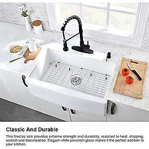 33 Inch White Farmhouse Sink-Hovheir 33x21 Fireclay Farmhouse Kitchen Sink Handcrafted Apron Front Farmhouse Sink Single Bowl Farm Sink White Farmers Sink Extra Deep Wide Curved Front Rustic Sink