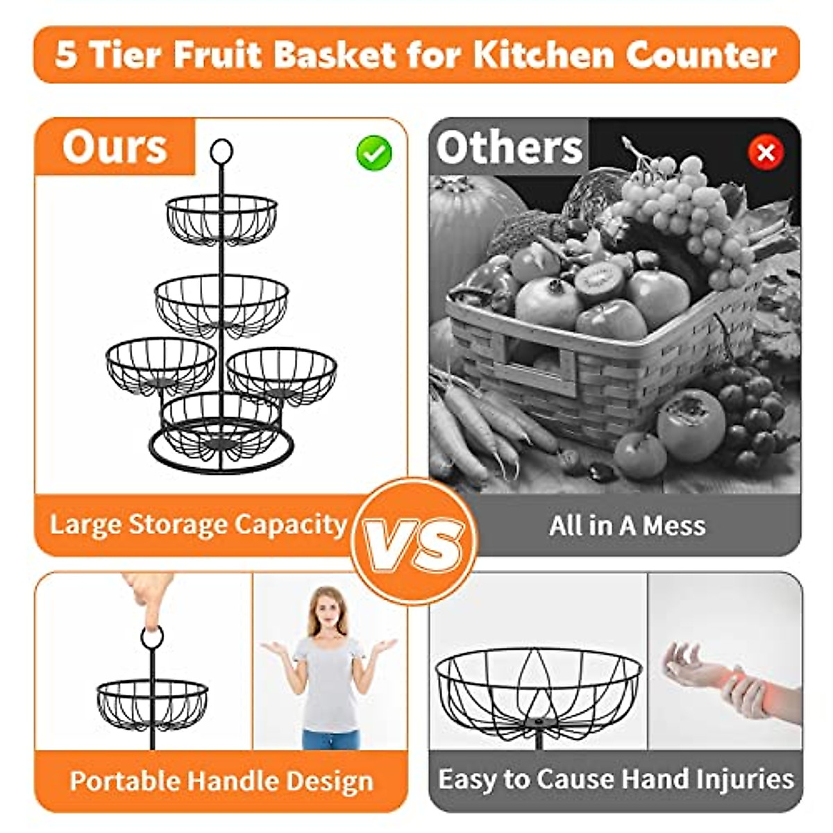 5 Tier Fruit Basket for Kitchen Counter, Large Capacity Metal Wire Countertop Fruit Bowl Vegetables Storage, Detachable Snacks Stand Holder Organizer for Onions Potatoes Produce, Black