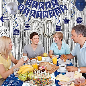 30th Birthday Decorations for Him, Blue and Silver 30th Birthday Party Decorations for Men, Happy Birthday Banner 30th Birthday Balloons Tablecloth Fringe Curtains Hanging Swirls Bday Party Supplies